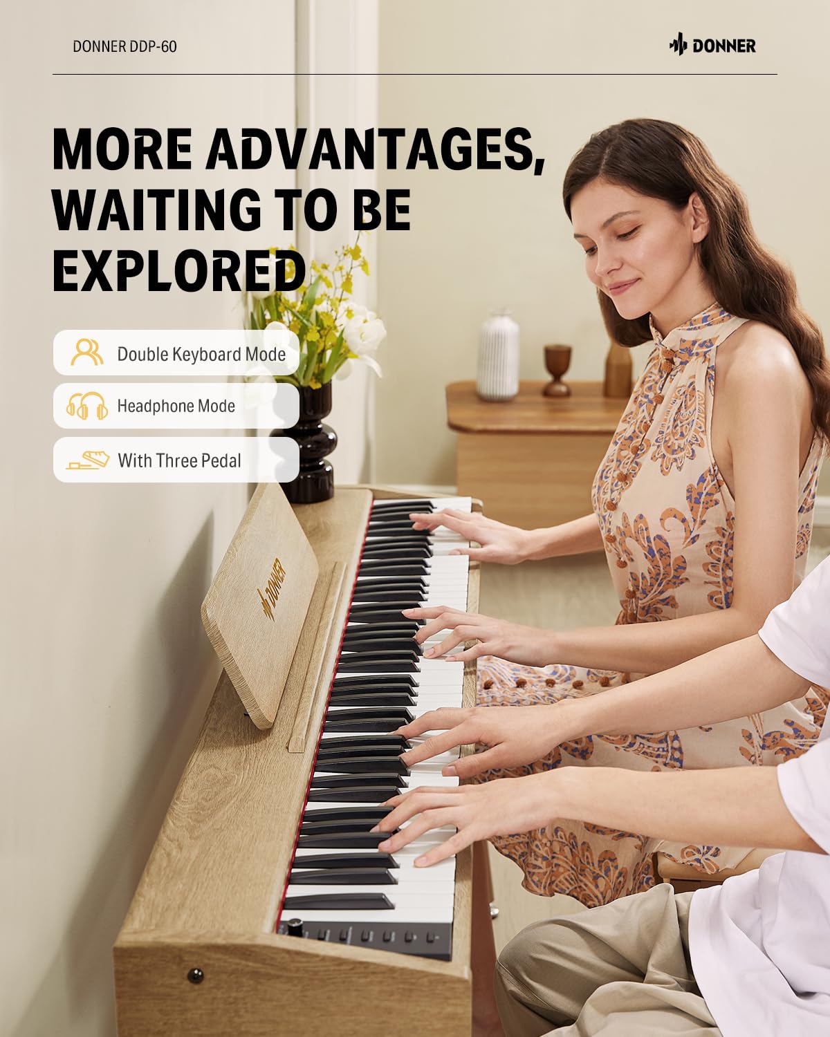 Donner 88 Key Digital Piano for Beginner, Electric Keyboard with Velocity-Sensitive Keys, 128 Voices, 83 Rhythms, 8 Reverb Effects, DDP-60 Piano Include 3 Piano Style Pedals, Power Supply, Stand