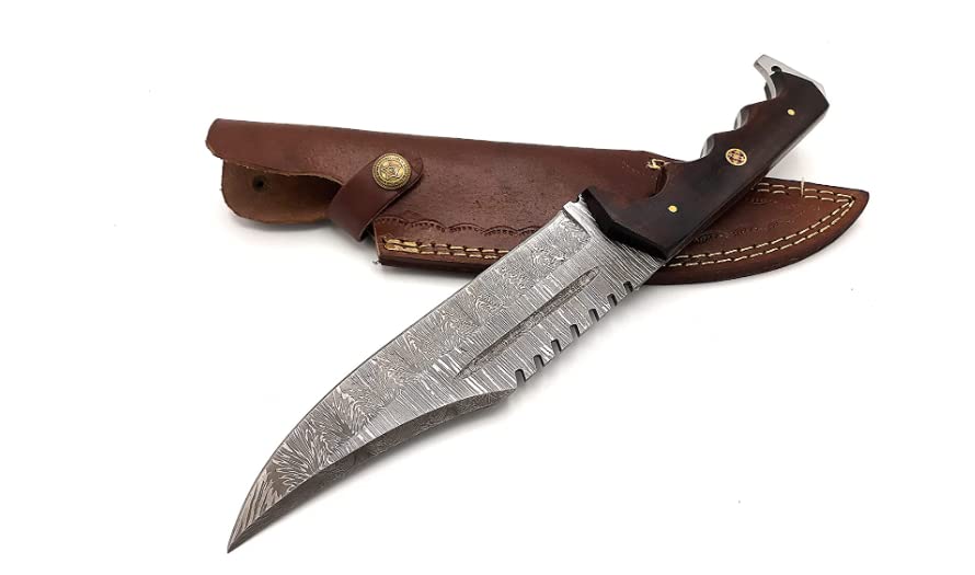 Handmade Damascus steel Hunting Knife with sheath,Fixed blade Bowie knife for Survival, Ergonomic Walnut wood handle | 12-inch Handmade Damascus Horizontal carry knife for men
