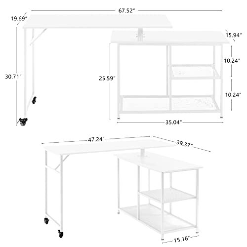 LTMEUTY 360°Free Rotating Desk - Modern Home 0ffice Desk, Reversible Computer Desk Study Writing Table Workstation, L-Shaped Corner Desk with Storage Shelves, Sofa Side Table, White