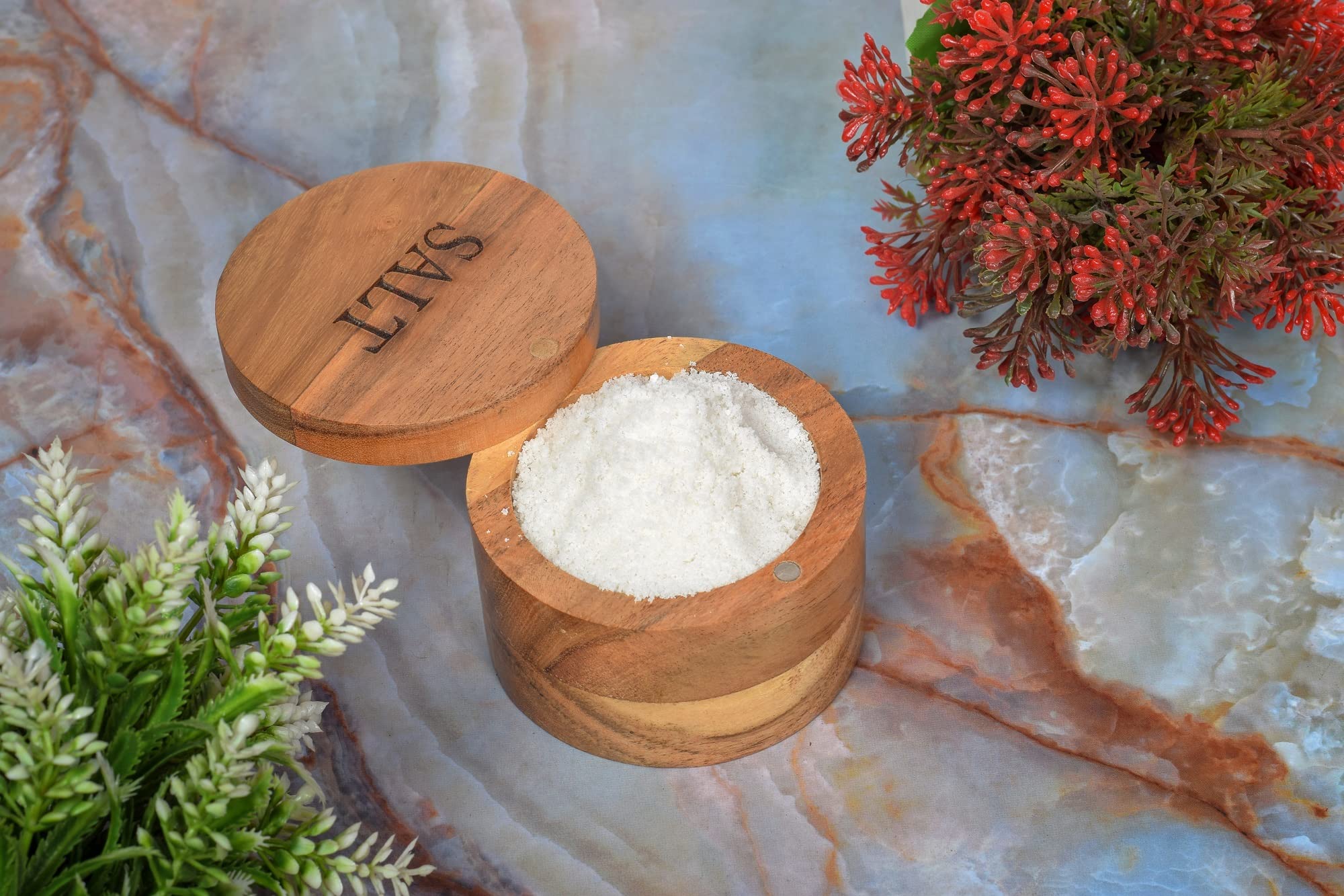 EDHAS Acacia Wood Round Condiment Pot with Magnetic Swivel Lids for Kitchen Countertop "Salt" Engraved on Lid (3.5β x 3.5β x 2.5β)