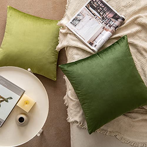 MIULEE Olive Green Velvet Curtains Thermal Insulated Blackout Curtain Set of 2 and Pack of 2 Velvet Soft Solid Decorative Square Throw Pillow Covers 18 x 18 Inch Moss Green