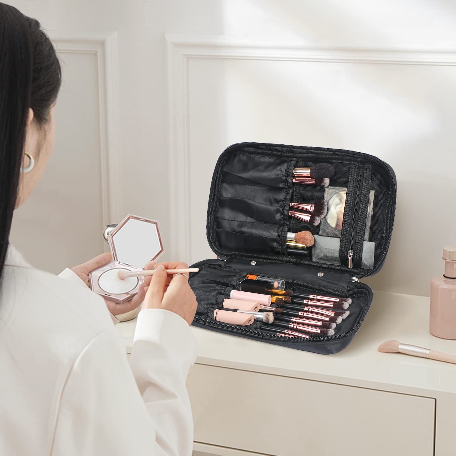 GoodSing Makeup Brush Bag, Portable Makeup Bag with Brush Organizer Large Capacity Travel Brush Storage Organizer Pouch with Small Mesh Cosmetic Bag, Black