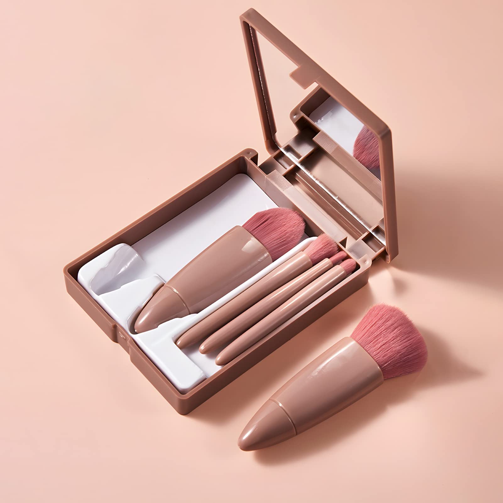 GoodSing Travel Makeup Brush Set, 5PCS Makeup Brushes and A Portable Cosmetic Brush Case With Mirror, Face Eyeshadow Brush For Foundation Powder, Blush Pink
