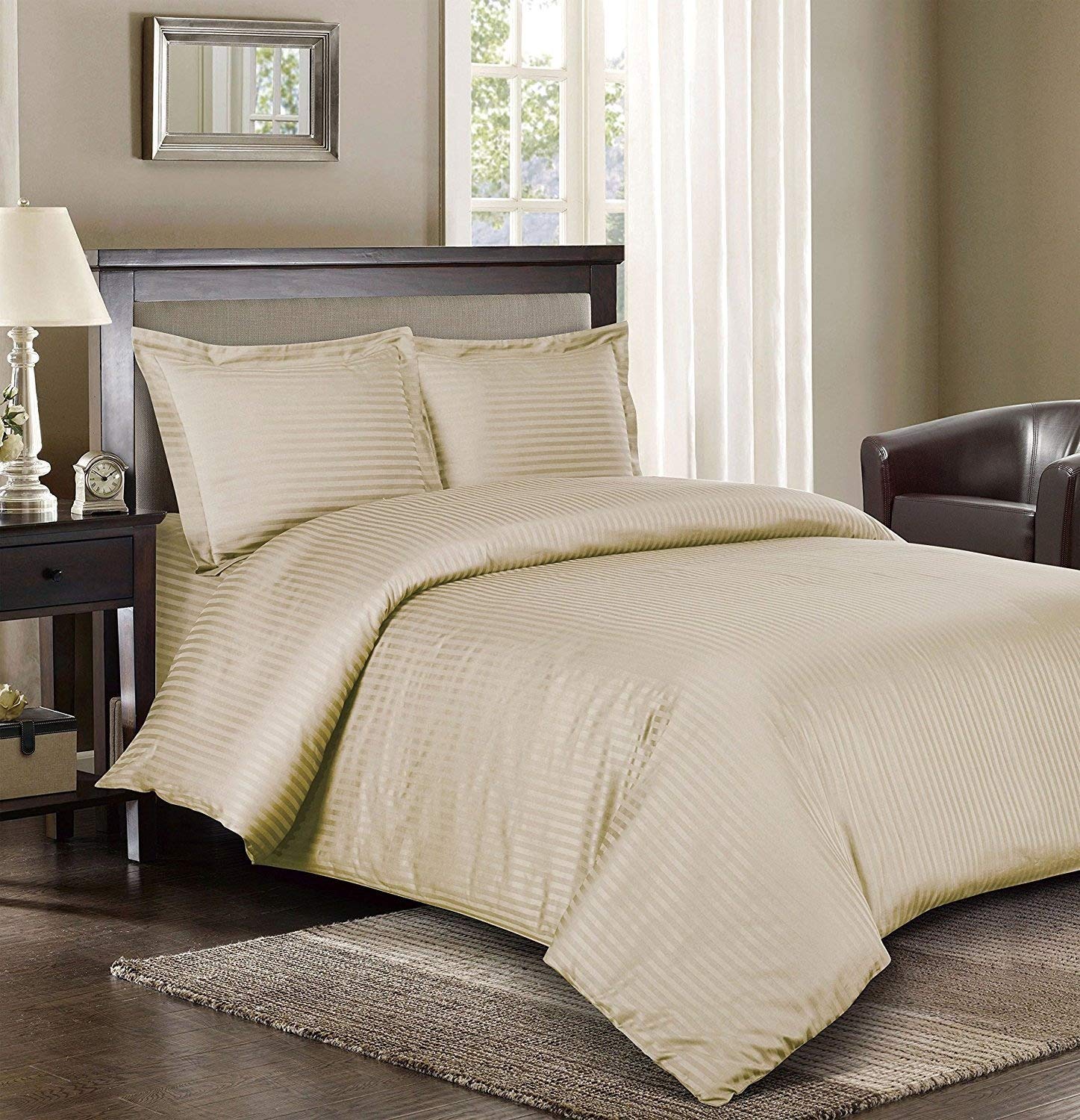 Royal Bedding Striped Tan 300-Thread-Count 3pc California-King Duvet-Cover 100-Percent Cotton, Sateen Striped, Comforter Cover with Corner Ties