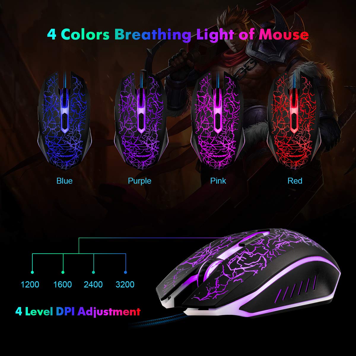 FLAGPOWER Gaming Keyboard and Mouse Combo, Rainbow Backlit Mechanical Feeling Keyboard with 4 Colors Breathing LED Backlight Mouse for PC Laptop Computer Game and Work