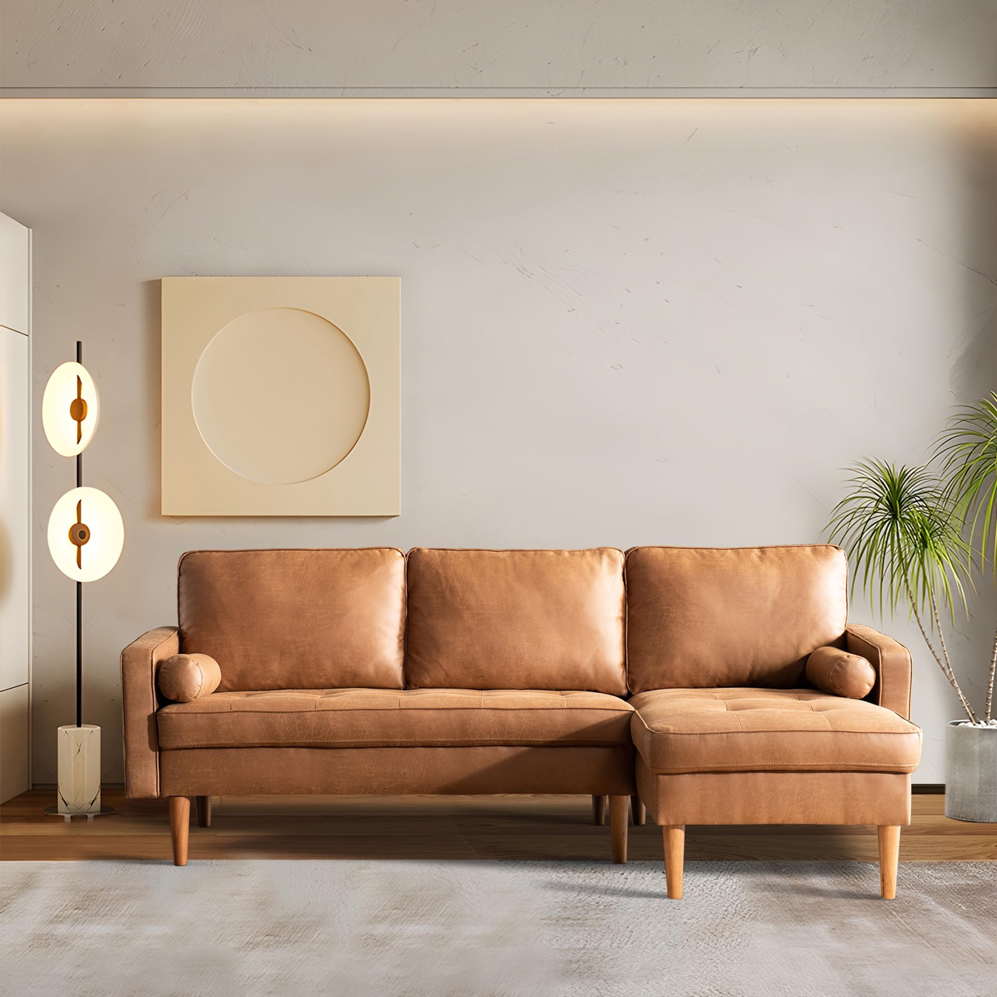 ovios 83" L-Shape Sofa Couch with Chaise, Suede Leather Couches with Comfy Cushions, Minimalism Deep Seat Cloud Sofas for Living Room Apartment, Right Chaise, Brown