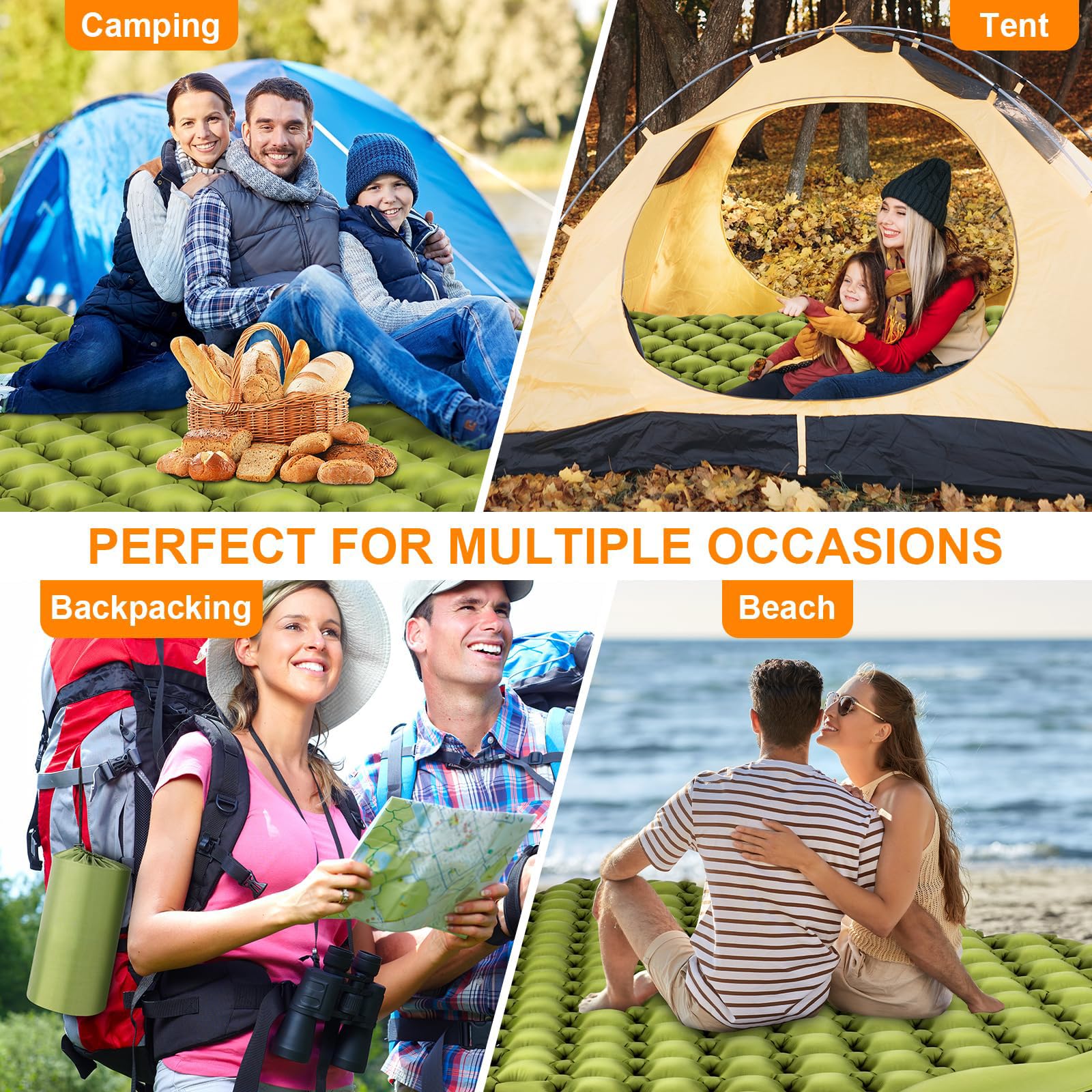 Double Sleeping Pad, Ultralight 4" Extra-Thick Self Inflating Sleeping Mat for 2 Person with Pillow Built-in Foot Pump Portable Camping Mat for Backpacking, Hiking, Traveling, Tent (Army yellow)