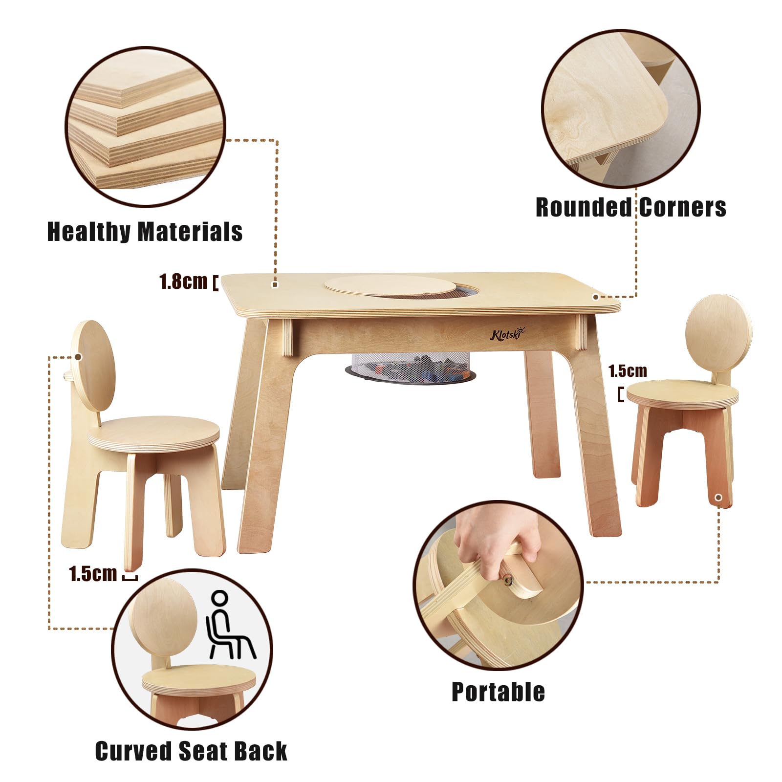 klotski Kids Table and 2 Chair Set, Wood Activity Table and Chairs for Kids Ages 2-5, Children Table with Non-Slip Legs/Round Edge Design for Activity/Play/Art/Read/Craft