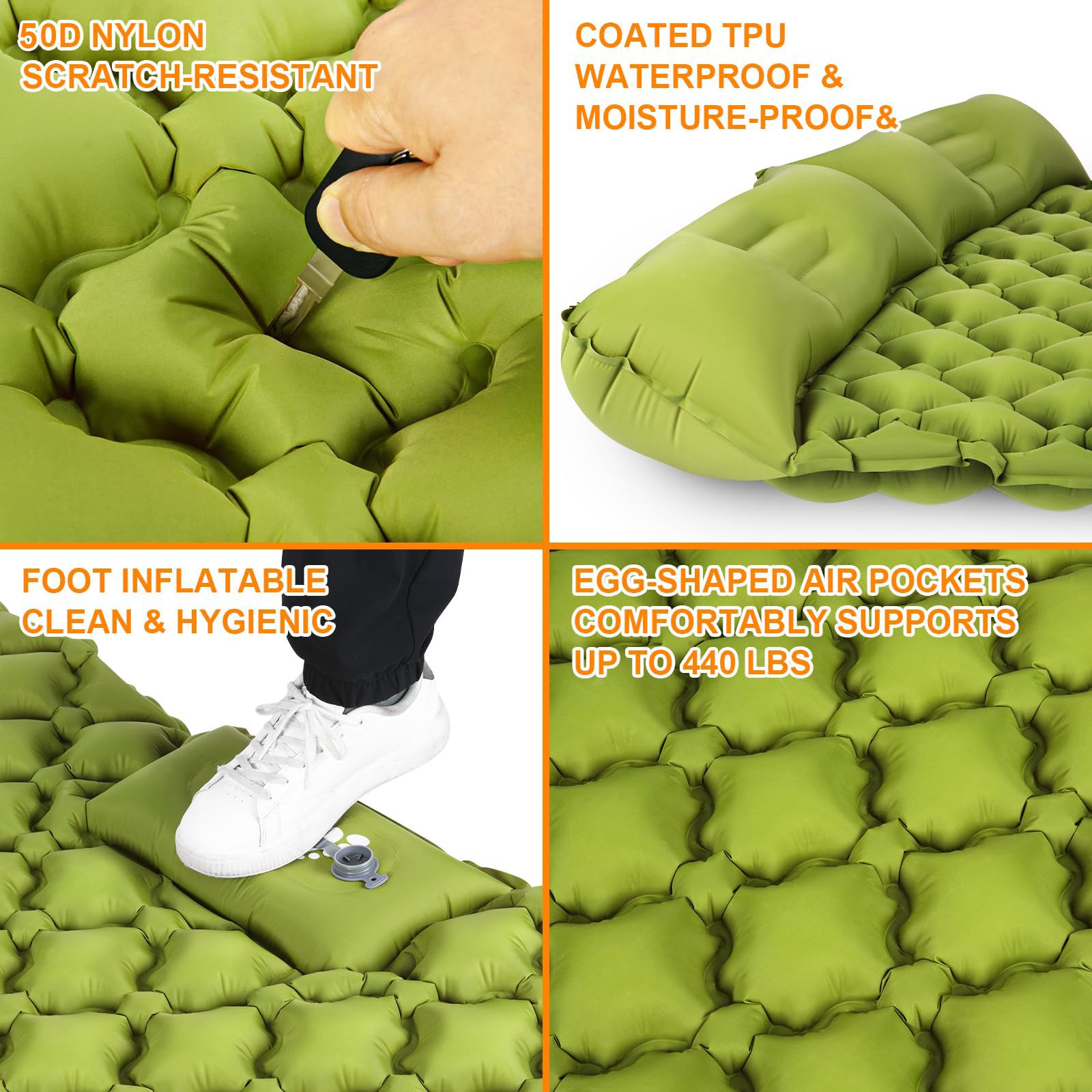 Double Sleeping Pad, Ultralight 4" Extra-Thick Self Inflating Sleeping Mat for 2 Person with Pillow Built-in Foot Pump Portable Camping Mat for Backpacking, Hiking, Traveling, Tent (Army yellow)