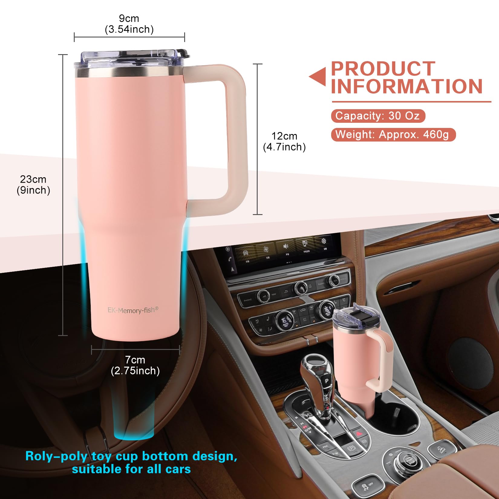 EK-Memory-fish 30 OZ Tumbler with Handle and Straw - Vacuum Insulated Water Bottle for Home, Office, Car - Reusable Cup with Straw【Rose Quartz】
