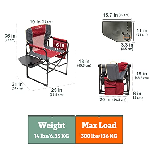 SUNNYFEEL Camping Directors Chair, Heavy Duty,Oversized Portable Folding Chair with Side Table, Pocket for Beach, Fishing,Trip,Picnic,Lawn,Concert Outdoor Foldable Camp Chairs (Red)