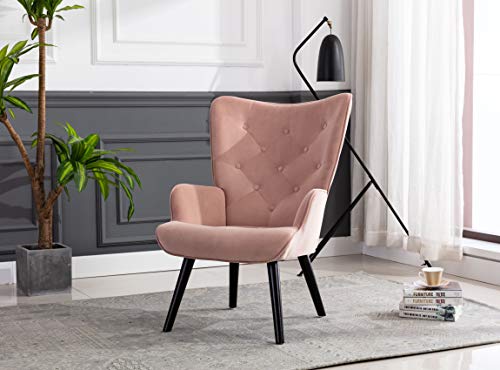 Dolonm Velvet Accent Chair Modern Tufted Button Wingback Vanity Chair with Arms Upholstered Tall Back Desk Chair with Solid Wood Legs for Living Room Bedroom Waiting Room(Dusty Pink)