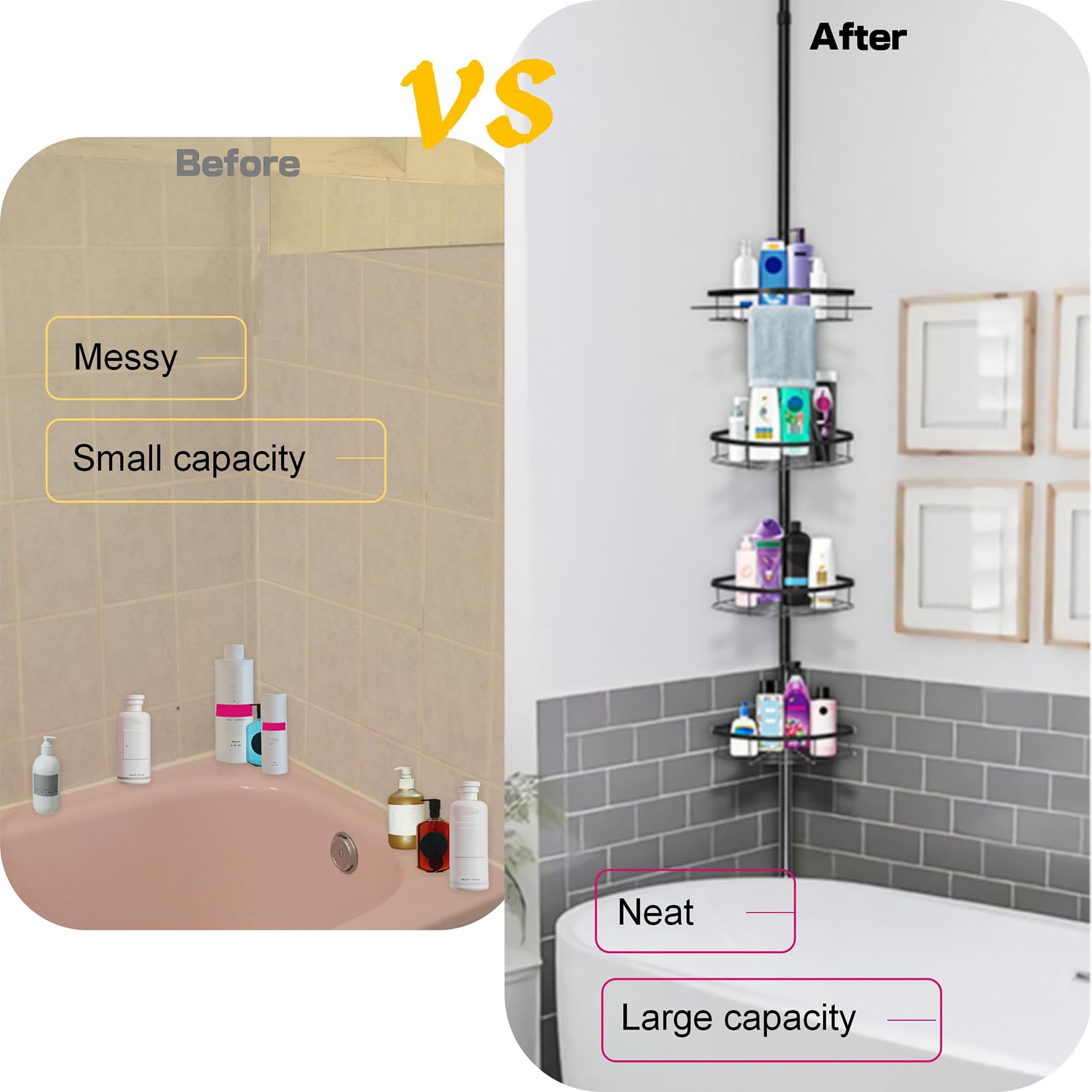 Shower Caddy Corner Tension Pole, Corner Shower Organizer, Standing Shower Caddy Corner, 4-Tier Adjustable Shelves with Tension Pole 27 to 108 Inch (TP010)