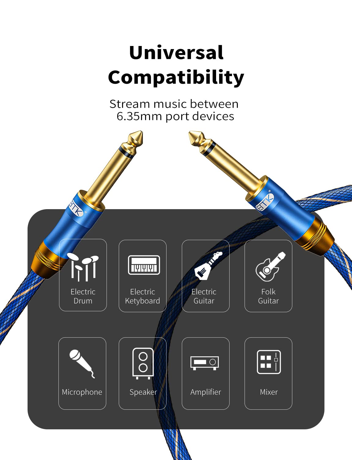 EMK® Guitar Instrument Cable, 10 Ft - Custom Series with Premium Rean-Neutrik 1/4" Straight Gold Plugs,Blue