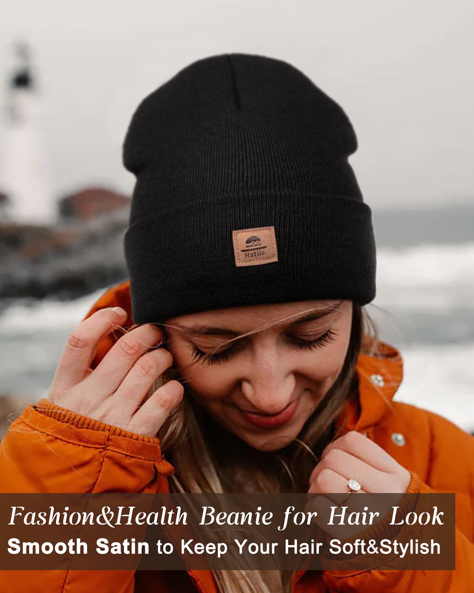 Hatiis Beanie Hat with Satin Lined for Women Men Cuffed Plain Skull Hat Unisex Winter Knit Cap Beanie for Women and Men