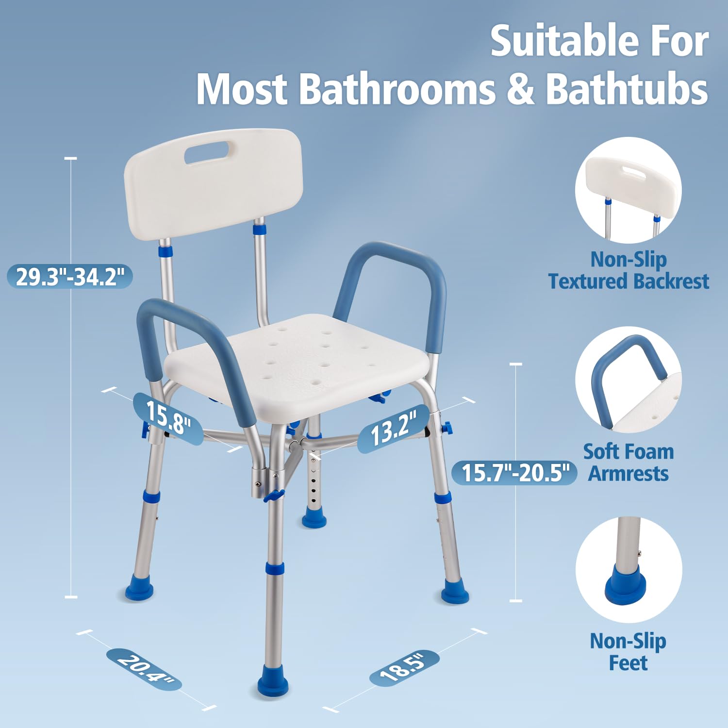 Shower Chair for Inside Shower - Height Adjustable Shower Seat with Back, Tool Free Assembly Bathroom Stool, Anti Slip Shower Stool Bathroom Shower Bench Bath Chair for Elderly