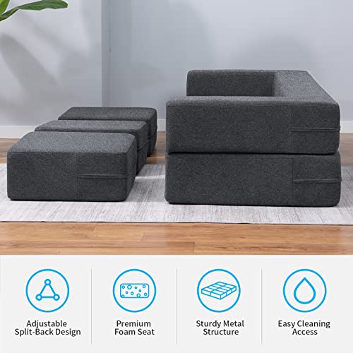 Mjkone Queen Convertible Velvet Futon Sofa Bed with 3 Ottomans, Memory Foam Fold Out Couch Bed, Foldable Floor Sofa, Guest Sleeper for Living Room,Dark Grey