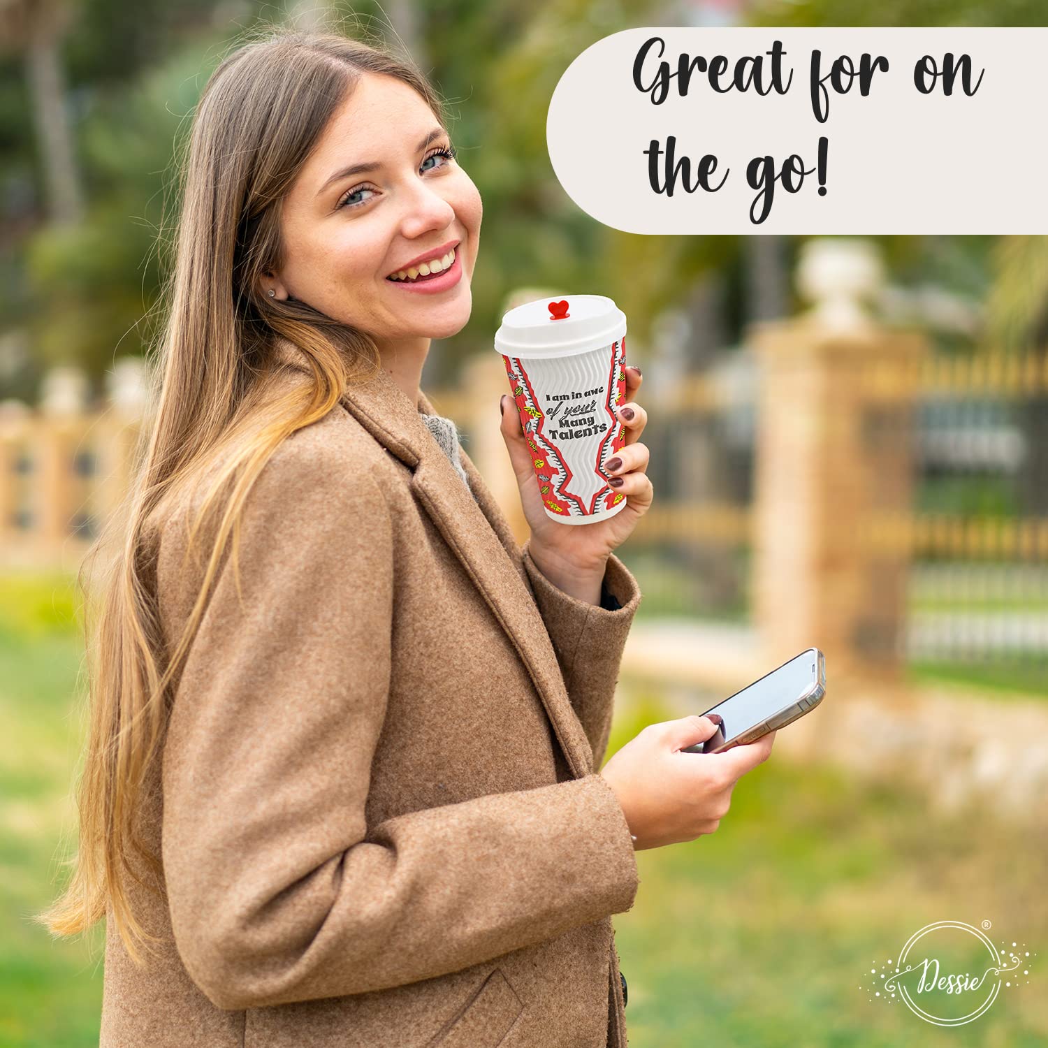 Dessie 50 Disposable Coffee Cups With Lids 16 oz, 5 Unique Designs. Motivational Hot Cups With Lids 16 oz, Heat Resistant, Leakproof & Sturdy. Paper Coffee Cups With Lids