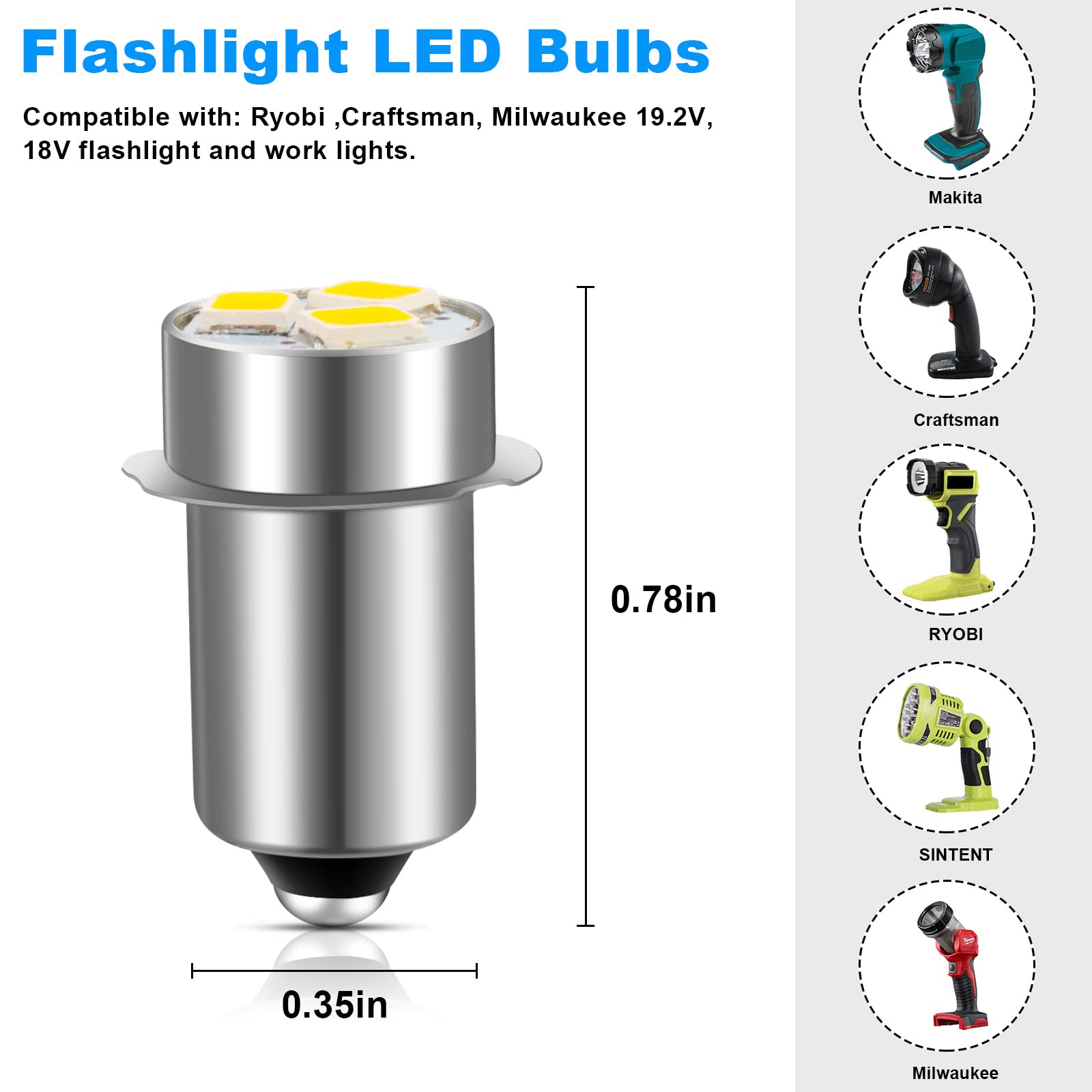 Flashlight LED Light Bulb for Ryobi Craftsman Milwaukee Flashlight /Work Light Replacement 18V 19.2V Flashlight Maglite LED Bulb - 3 Pack