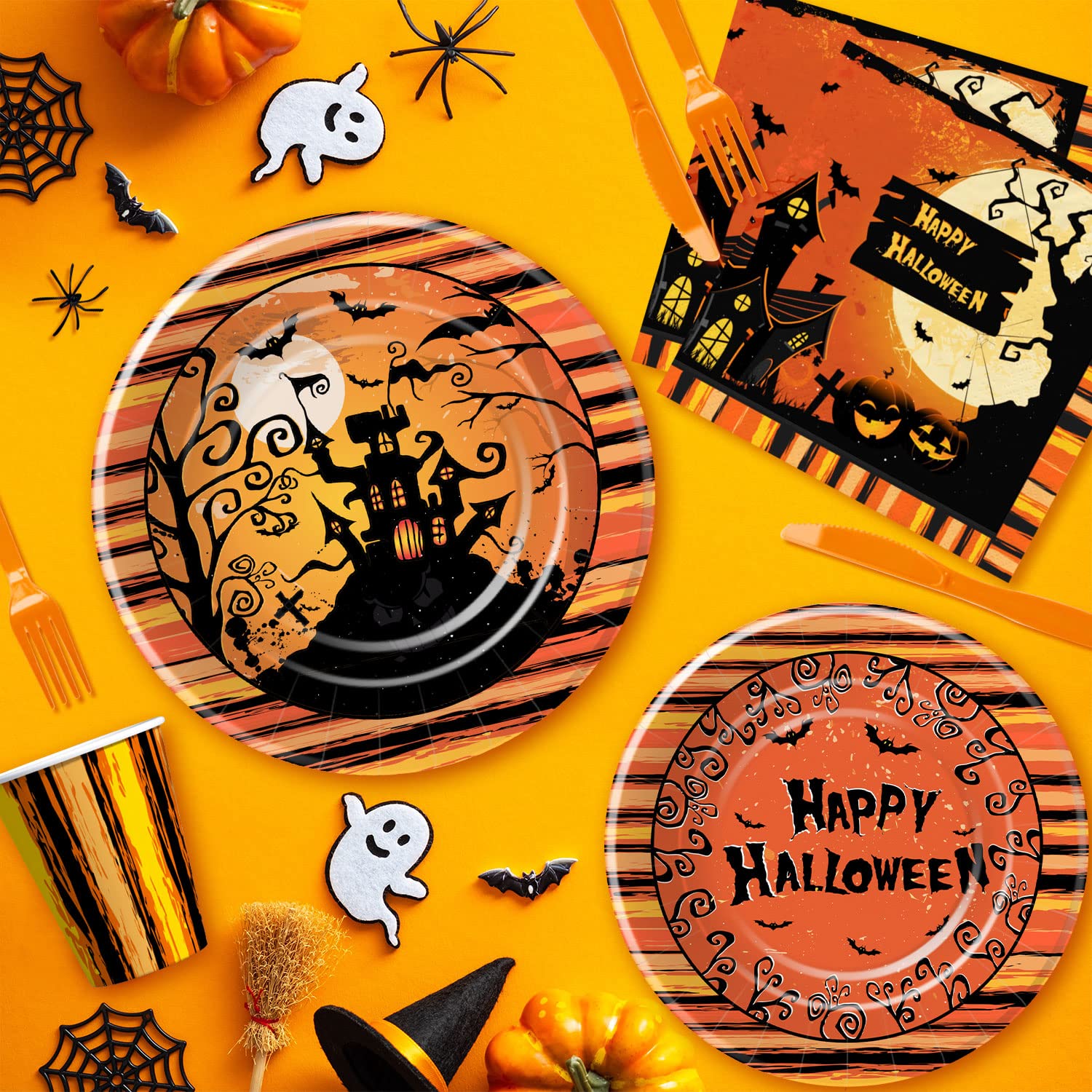 HIPVVILD Halloween Decorations Tableware - Halloween Party Supplies Include Halloween Plates, Napkins, Cups, Tablecloth, Disposable Cutlery, Straws, Halloween Party Decorations Dinnerware | Serves 24