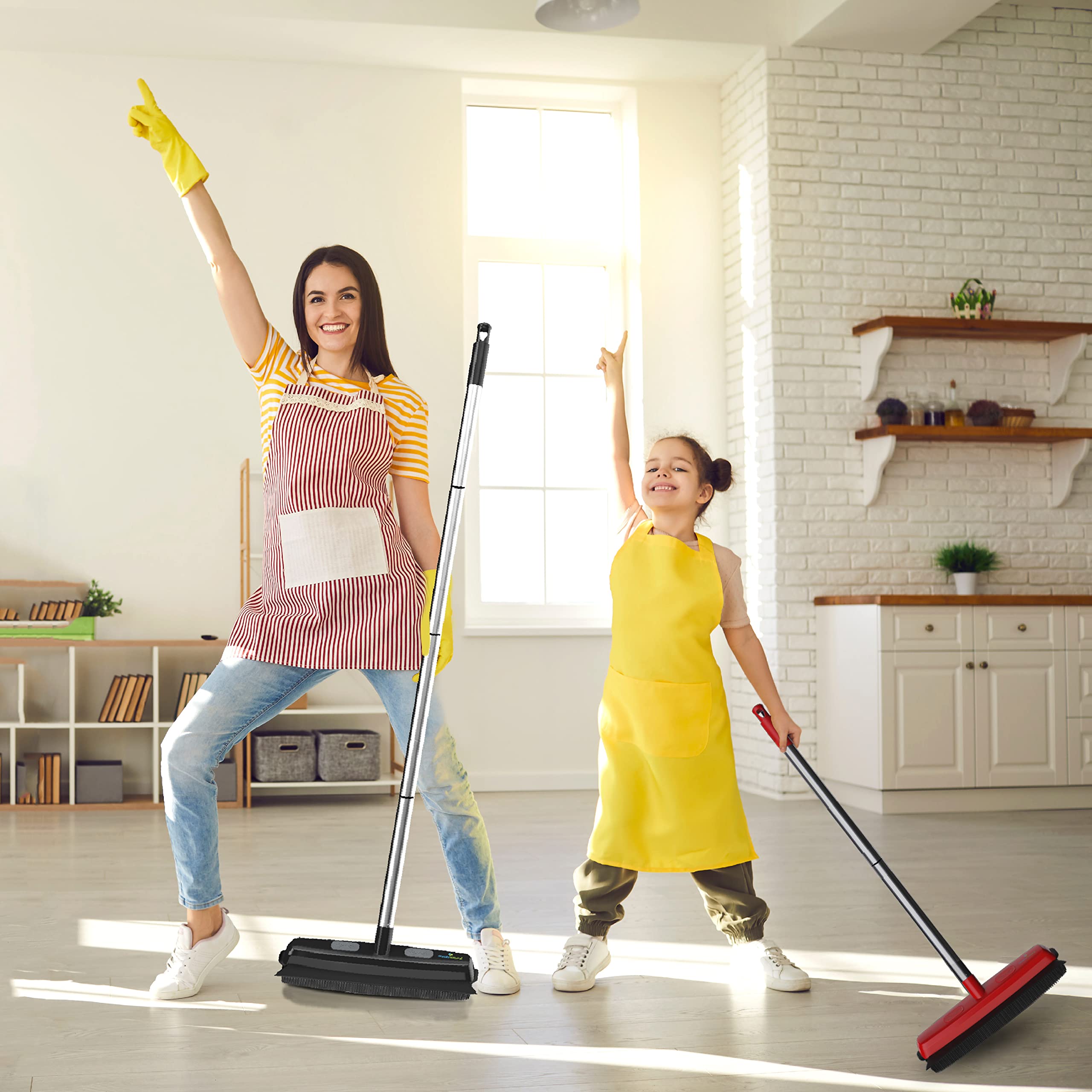 Rubber Bristle Expandable Broom Set with Dustpan & Handheld Rubber Brush for Surface Cleaning, Dust Pet Hair Removal Sofa Sweeping, Built-in Rubber Squeegee Snap, Set of 3, Black