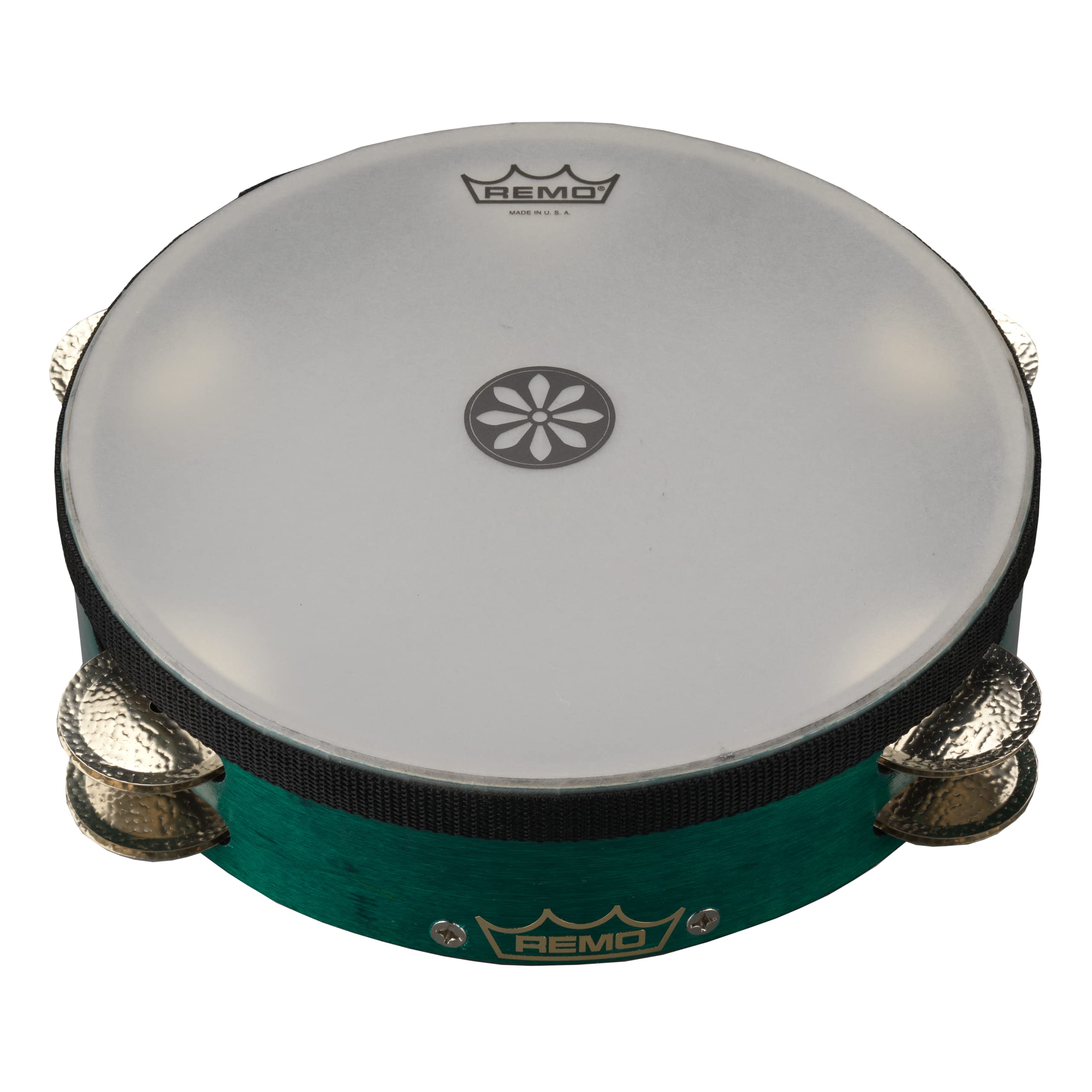 Remo Tambourine, Lotus, 10" x 2-5/8", Fixed RENAISSANCEĀ®, German Silver Jingles, 5 Pairs x 2 Rows, Venwood Aqua, Layne Redmond