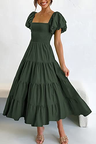 PRETTYGARDEN Women's Casual Summer Midi Dress Puffy Short Sleeve Square Neck Smocked Tiered Ruffle Dresses (Army Green,Medium)