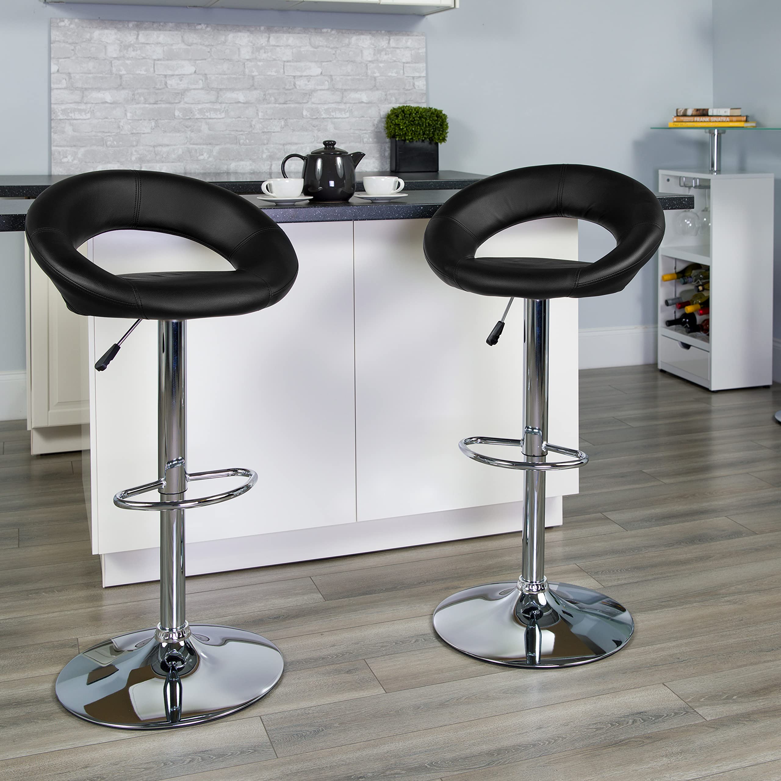 EMMA + OLIVER Brown Vinyl Rounded Back Adjustable Height Barstool,Chrome Base