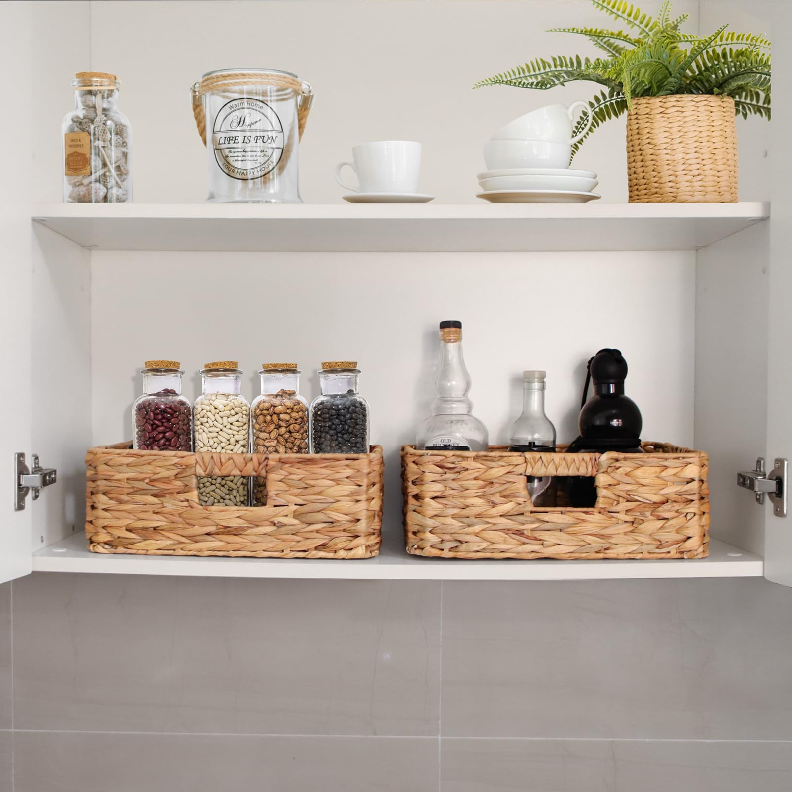 Rectangular Water Hyacinth Storage Baskets, Wicker Storage Baskets for Shelves, Square Shallow Basket, Woven Drawer Basket With Handle, 15.2” L x 12” W x 4.7” H