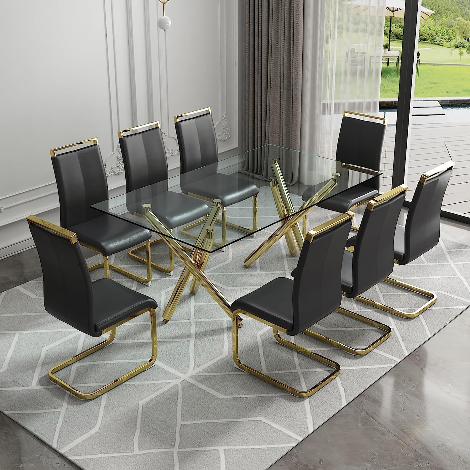 Dining Table for 6-8 People, 63 inch Modern Kitchen Dining Room Tables with Gold Metal Base, Rectangular Tempered Glass Dining Table, Large Rectangle Dining Table Luxury Pedestal Table for Dining Room