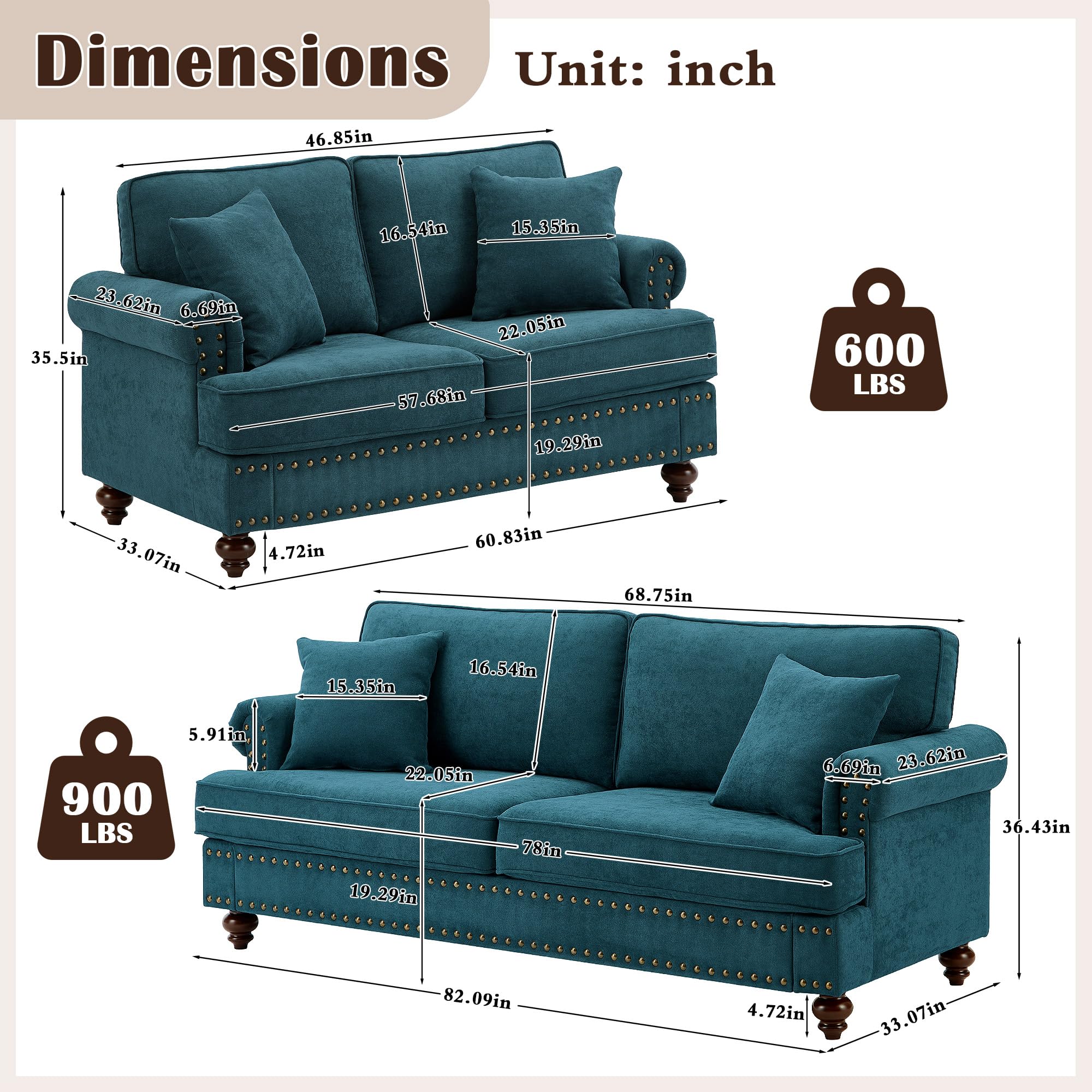 Mid Century Modern Sofa Set, Comfy Chenille Living Room Furniture Sets, Sectional Sofa and Loveseat Set Upholstered Couch Set Nailhead Trim Rolled Arms juegos de muebles de sala (White, 2 Piece)