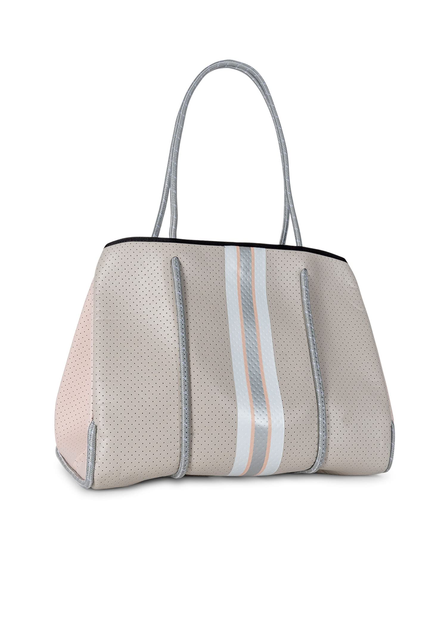 Haute Shore - Greyson Shell Neoprene Tote Bag w/Zipper Wristlet Inside,Greige Coated W/White Greige & Peach Stripe