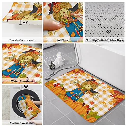 Fall Bathroom Rugs Scarecrow Crow Pumpkin Fall Bath Mat Sponge Doormat, Maple Leaf Buffalo Plaid Absorbent Bath Mat Non Slip Washable Durable Foam Mats Carpet for Bathroom Kitchen,18 x 30 Inch