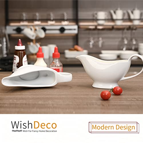 WishDeco White Gravy Boat, 8oz Ceramic Gravy Jug, Small Sauce Jug with Smooth Handle, Porcelain Sauce Boat for Salad Dressing, Broth, Cream, Milk