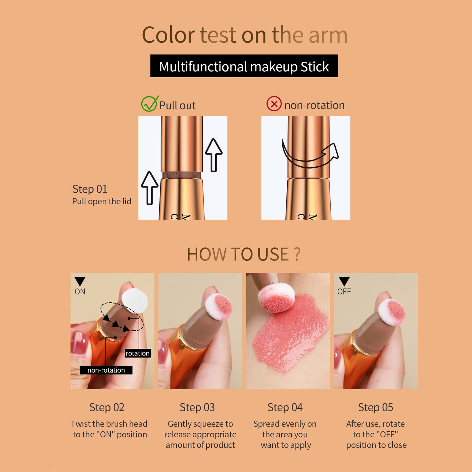 Domality 4pcs Bronzer Liquid Beauty Wand, Liquid Face Contour Highlighter Blush Stick with Cushion Applicator, Long Lasting Natural Matte/Shimmer Finish, Smooth Silky Makeup Stick for Face