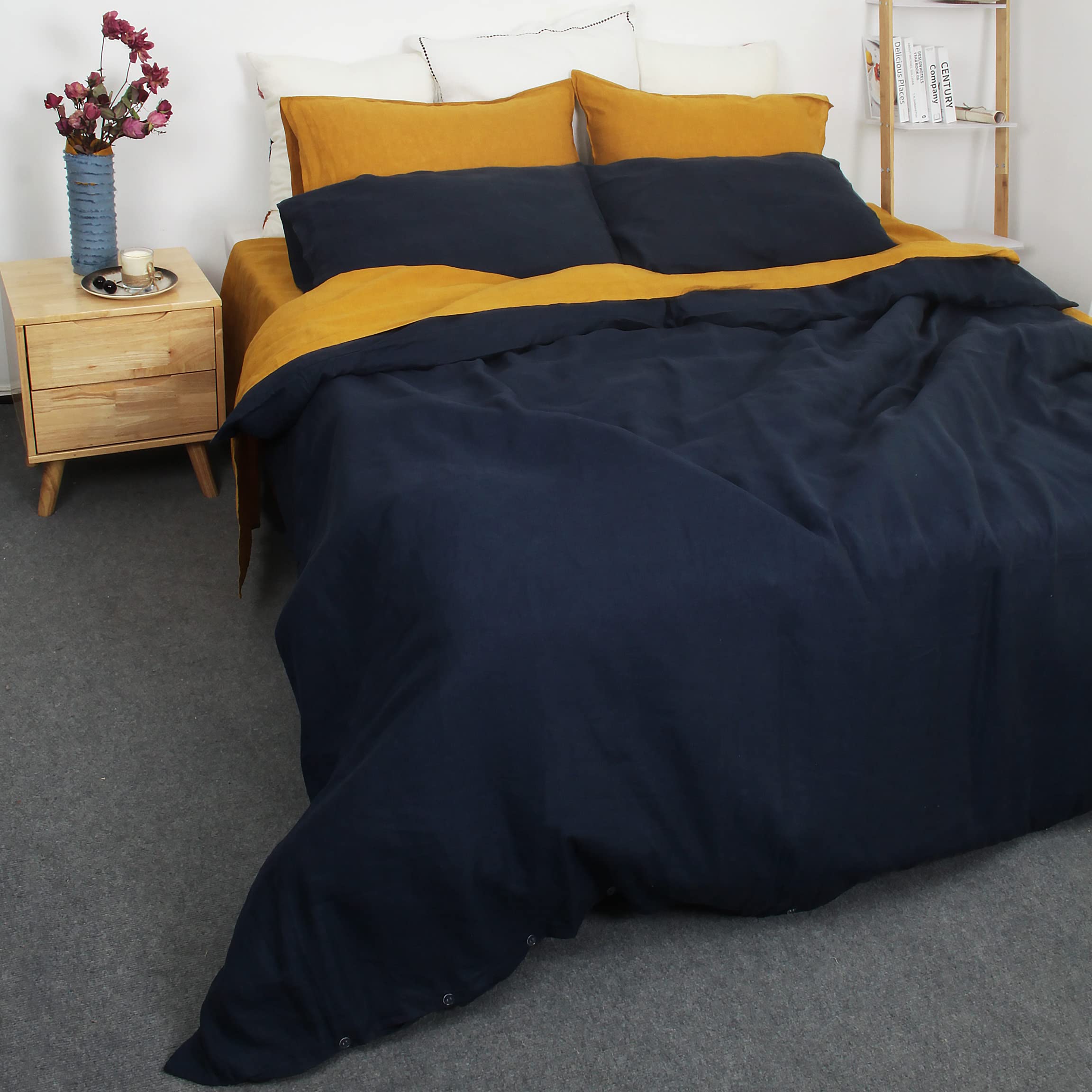 S VICTORY SYMBOL 100% Organic Linen Duvet Cover Set Queen Size,Natural French Linen Bedding Set with Stone Washed,Comforter Cover with Button Closure(Navy) Soft,Breathable