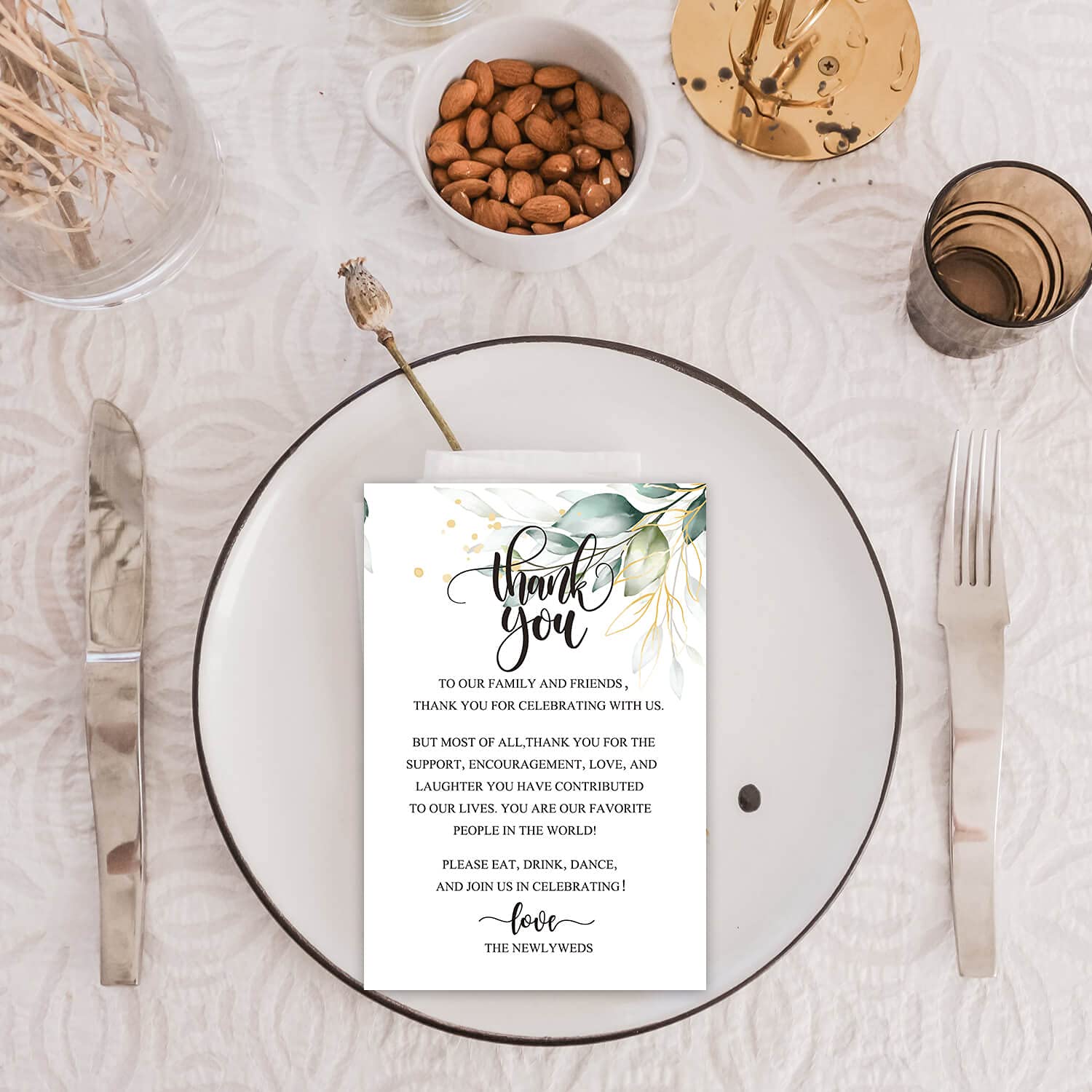 Wedding Thank You Place Setting Cards, Greenery Wedding Reception Thank You Cards, Table Centerpieces and Wedding Decorations, Wedding, Bridal, Engagement, Anniversary, 4x6 Inch, Pack of 50
