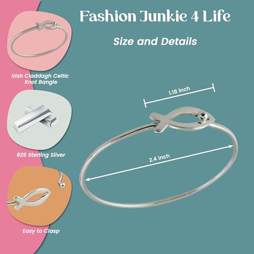 FashionJunkie4Life Sterling Silver Christian Fish Ichthus Bangle Bracelet