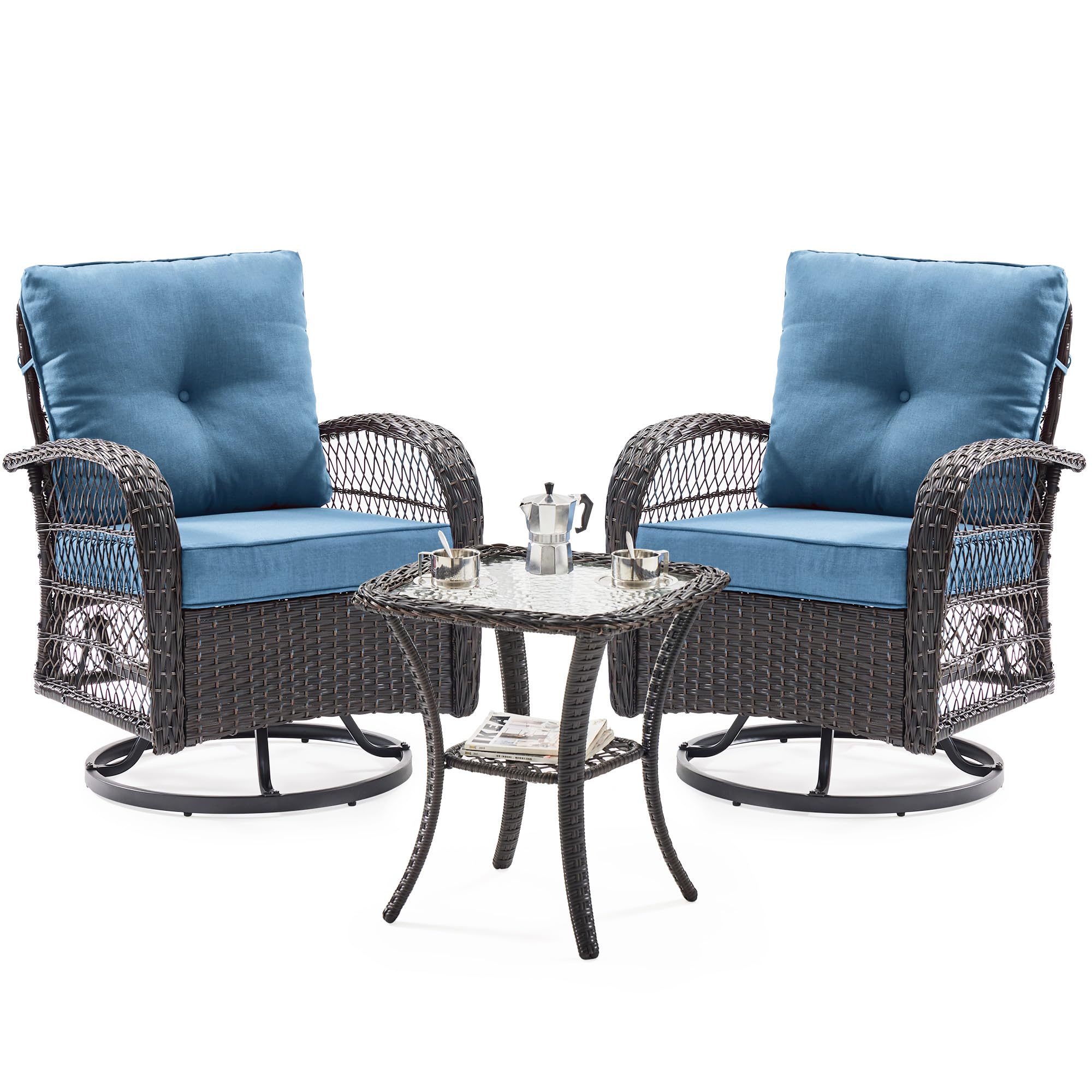 UDPATIO 3 Pieces Patio Furniture Set, Outdoor Swivel Gliders Rocker, Wicker Patio Bistro Set with Rattan Rocking Chair, Glass Top Side Table and Thickened Cushions for Porch Deck Backyard (Blue)
