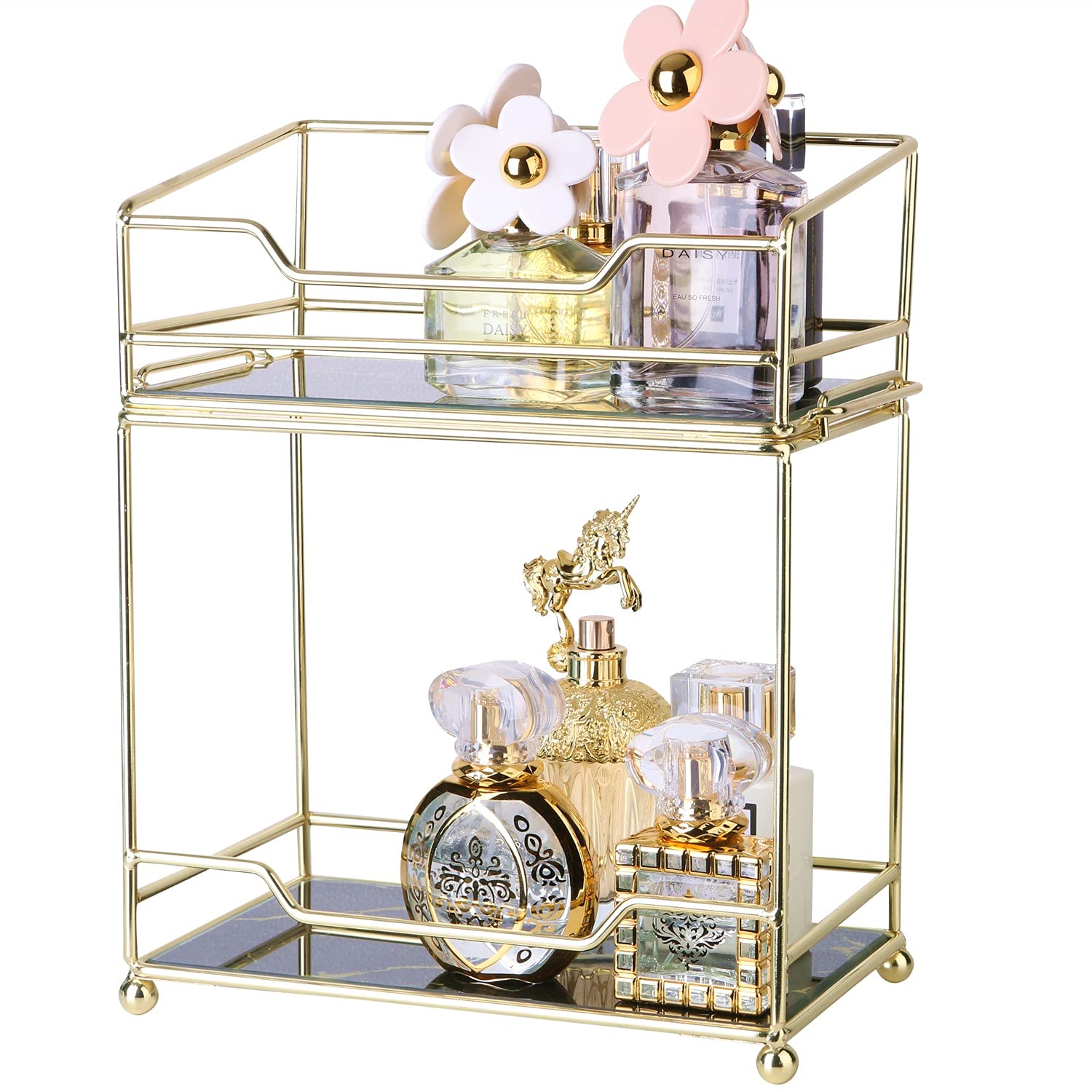 Simmer Stone Makeup Organizer Shelf, 2 Tier Cosmetic Storage Basket with Removable Glass Tray, Wire Vanity Organizer Rack for Bathroom, Dresser, Countertop and More, Stackable Assembly