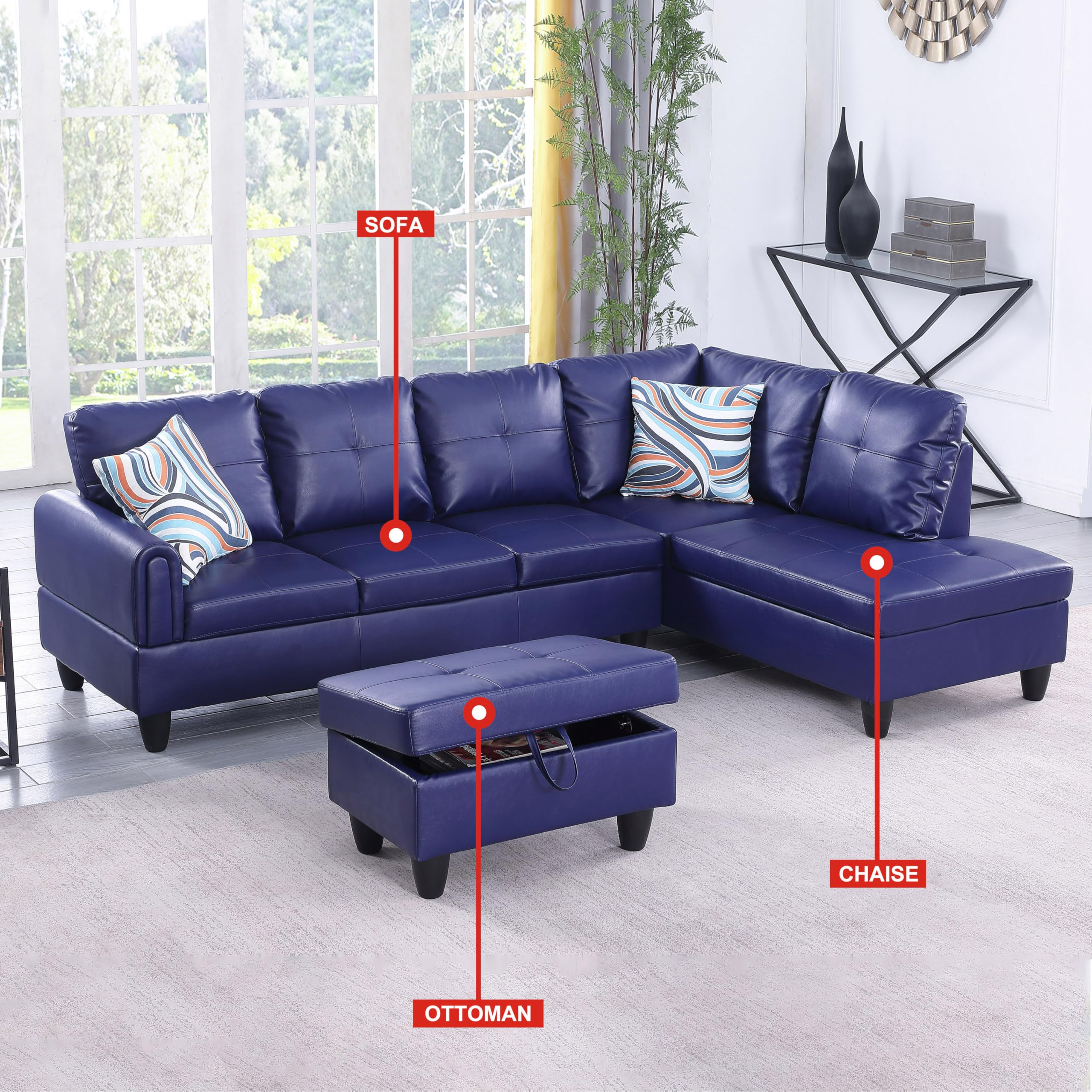 NicBex Couches for Living Room L Shaped Couch Upholstered Futon Sofa Comfy Faux Leather Modular Sofa 3-Piece Sofa Set with Storage Ottoman for Apartments, Living Room and Office, Blue