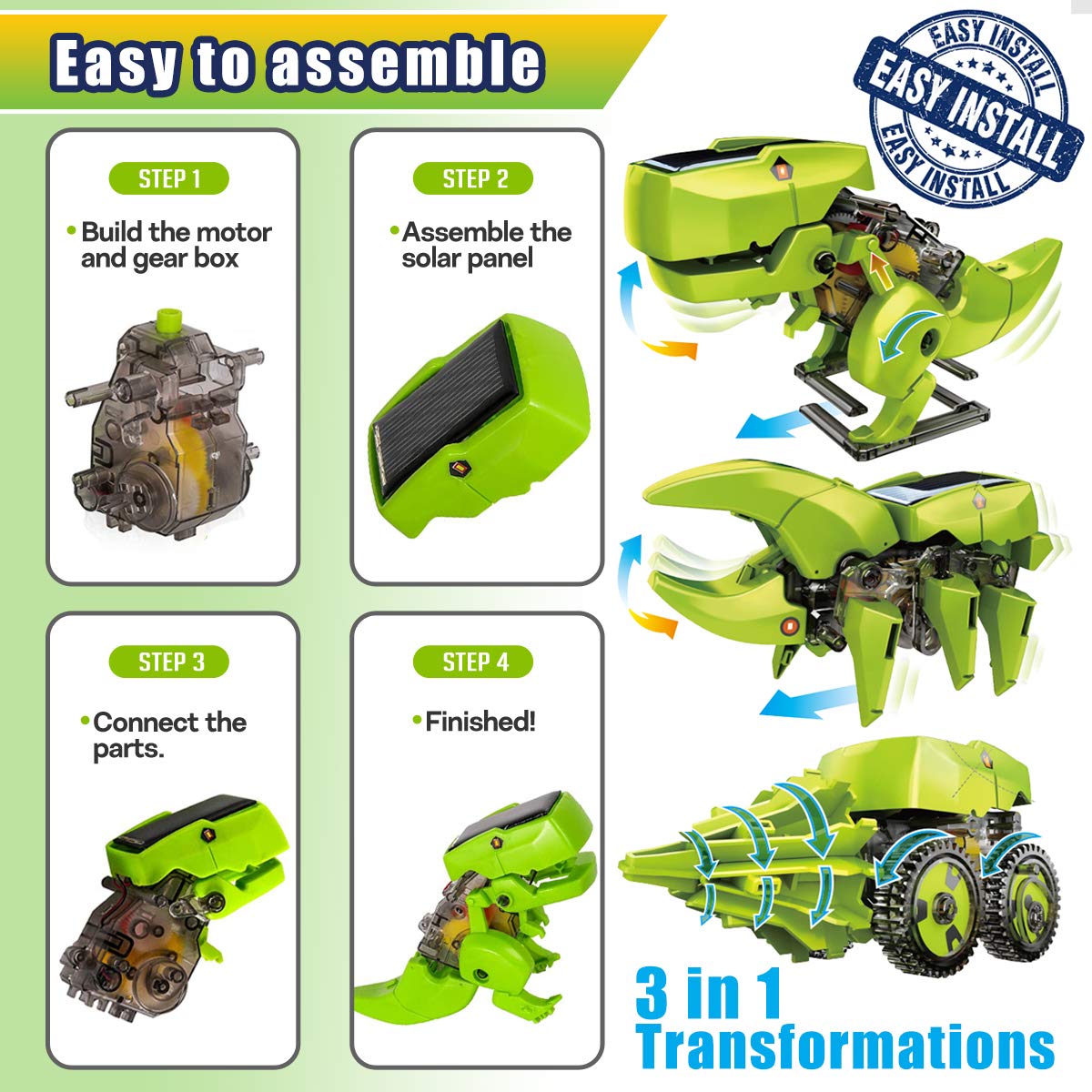 Dinonano Dinosaur STEM Solar Robot Toys for Kids - 3 in 1 Building Games Educational Science Coding Engineering Kit for Boys Ages 5 6 7 8-12 STEM Toys Dinosaur Gift School Family Creative Activities