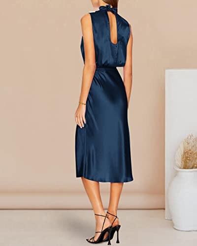 PRETTYGARDEN Women Summer Formal Mock Neck Sleeveless Satin Dress Elastic Waist Slit Midi Wedding Guest Dresses 2023(Solid Dark Blue,Large)
