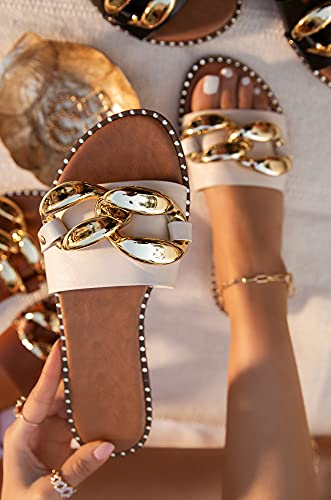 pearl&she Women's Leather Flat Slippers Metallic Link Chains Slip On Summer Indoor and Outdoor Slide Sandals(A Middle apricot 38)