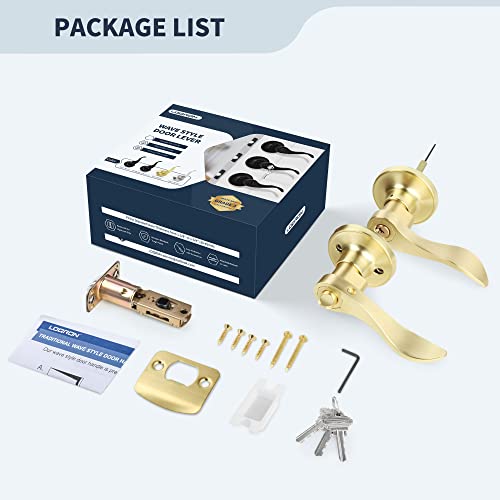 LOQRON Wave Style Door Lever Keyed Entry Door Handle with Lock, Entrance Lever Reversible for Left/Right Handed for Office or Front Door with Satin Brass Finish, 1 Pack