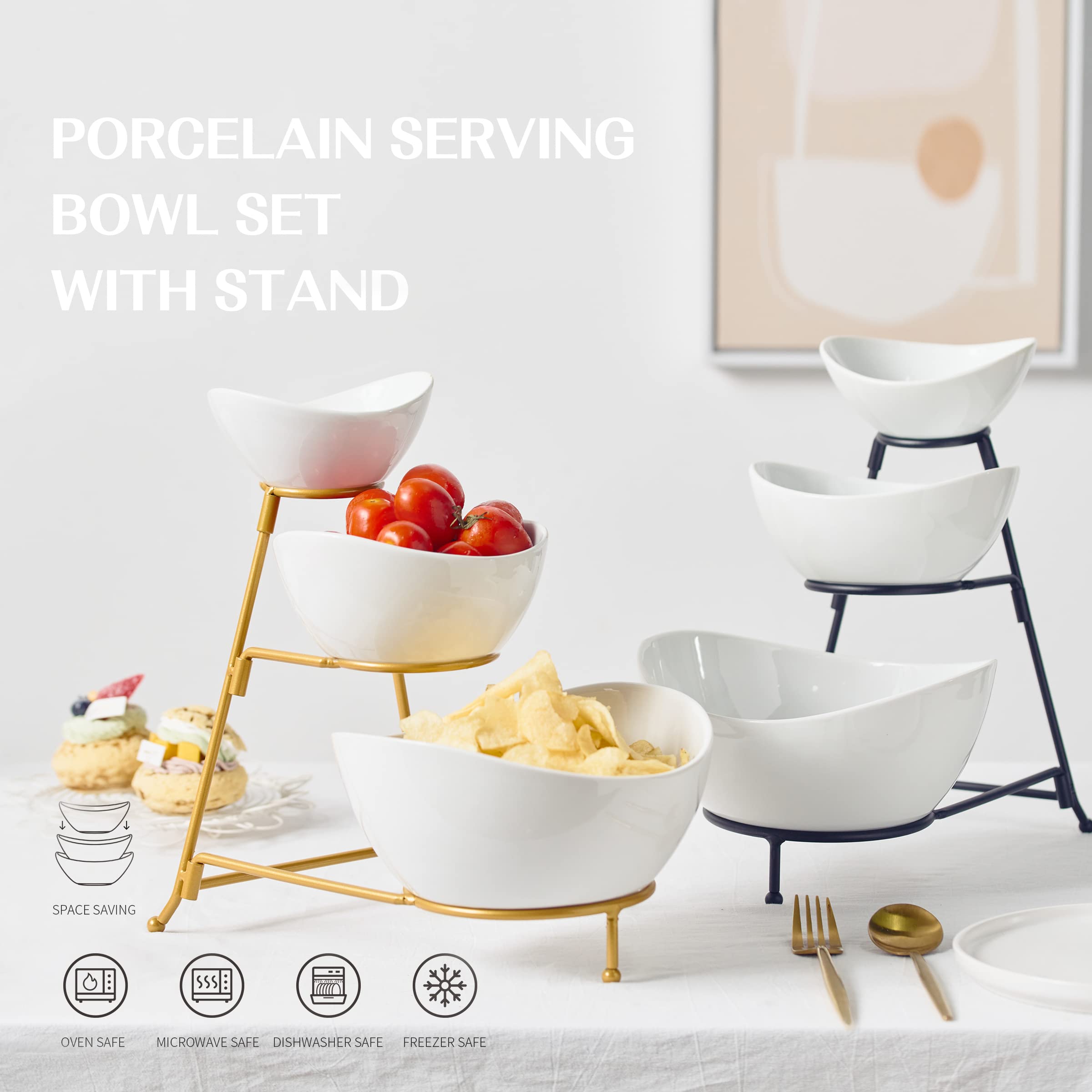 Gomakren 3 Tiered Oval Serving Bowl With Collapsible Metal Rack, Dessert Appetizer, Candy Chip Dip, Fruit, Vegetable Bowl Set, White Serving Dishes For Entertaining (Black)