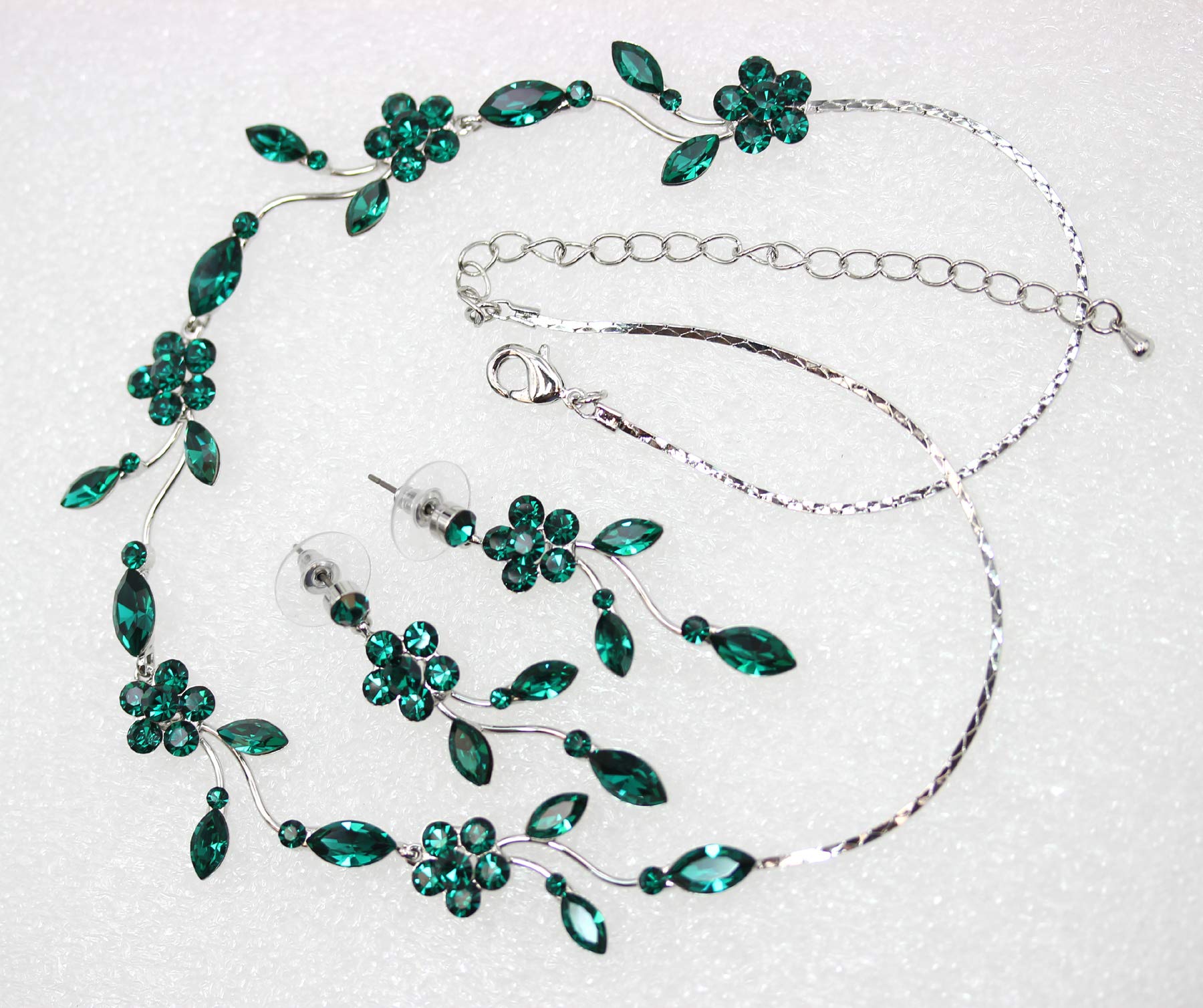 Faship Gorgeous Green Rhinestone Crystal Floral Necklace Earrings Set - Green