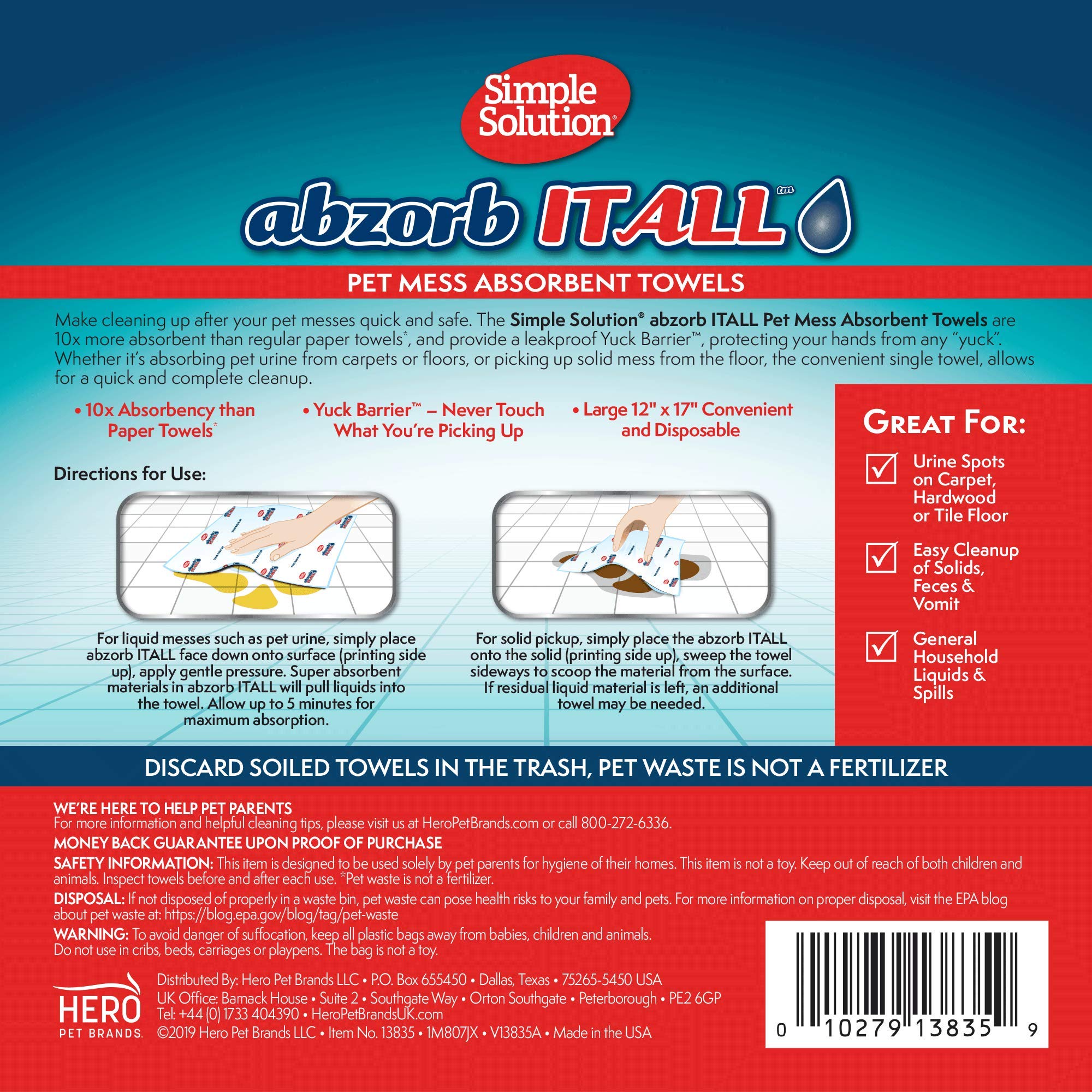 Simple Solution Abzorbitall Pet Mess Absorbent Towels | Multi-Surface Urine & Dog Poop Cleaning Sheets | 12 x 17 | 30 Towels