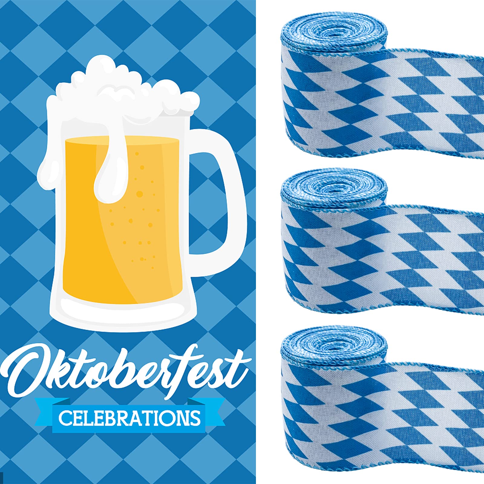 Wehhbtye 20 Yard Oktoberfest Wired Edge Ribbon - 2.5Inch Blue and White Diamond Check Wired Edge Ribbon Oktoberfest Bavarian Gingham Decorative Ribbon for DIY Craft Wrapping Bow Home Party Decor