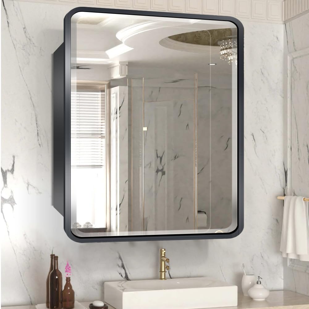 Janboe 20×24inch Medicine Cabinet,Mirror Cabinet with Beveled Mirror,Solf Close Hinge,Brushed Metal Framed,Detachable Side Plate for Recess Mount or Surface Mount,Black